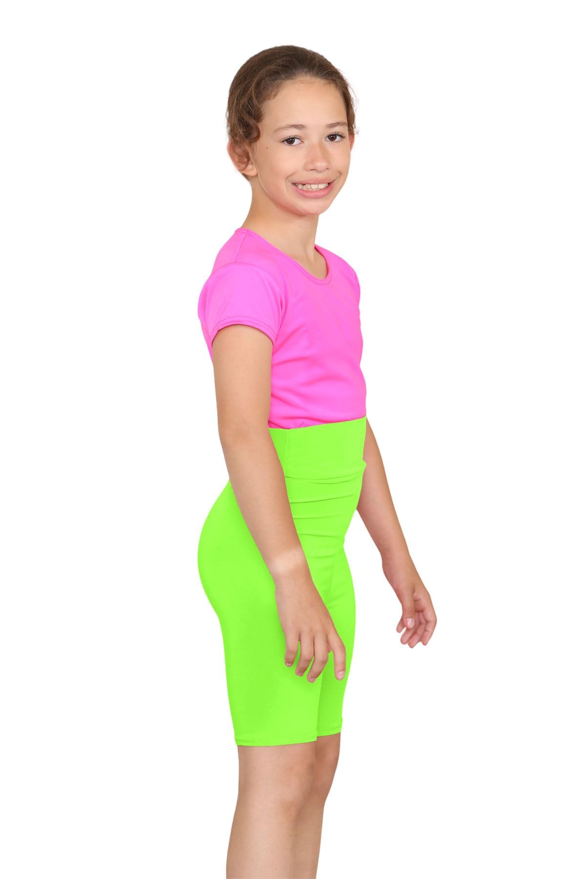 Janisramone Girls High Waisted Cycling Shorts Kids Plain Microfiber Gymnastics Dance Shorts Neon Green