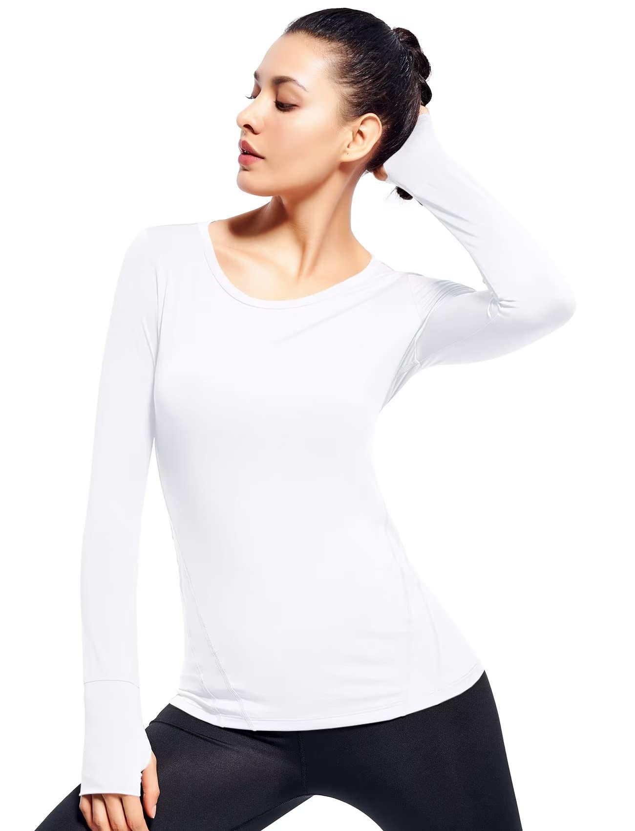 Zengjo Long Sleeve Athletic Shirt Women Lightweight with Thumb Holes(White,L)