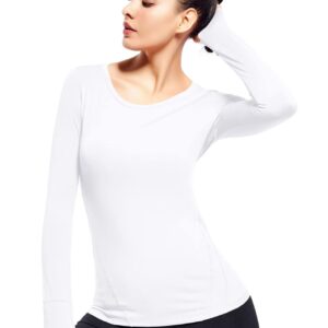 Zengjo Workout Long Sleeve Tops for Women Thumb Holes Scoop Neck(White,S)