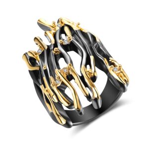 aprilery 2 tone gold black statement rings, fashion crystals band jewelry rings costume plated branches ring for women gifts for thanksgiving day christmas