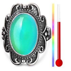 thjew oval color changing crystal stone magical mood ring,retro vintage antique s925 sterling silver wide full finger chunky ring,mystery temperature-control changeable gemstone glass mood ring,solitaire boho statement witchy ring jewelry (ring_a, 9)