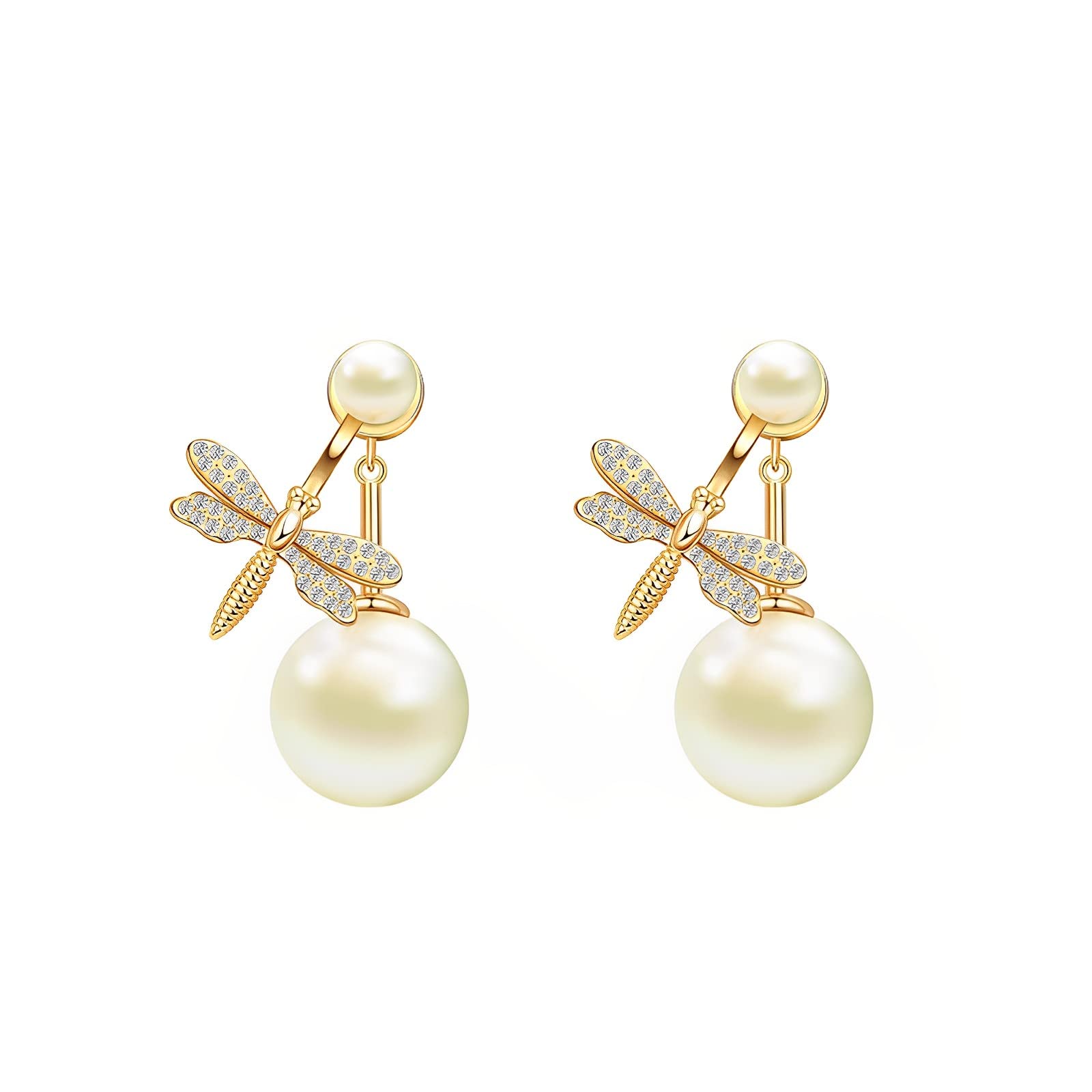 Hypoallergenic Earrings Pearl Earrings for Women Rhinestone Earrings Jacket Earrings Champagne Gold Dragonfly