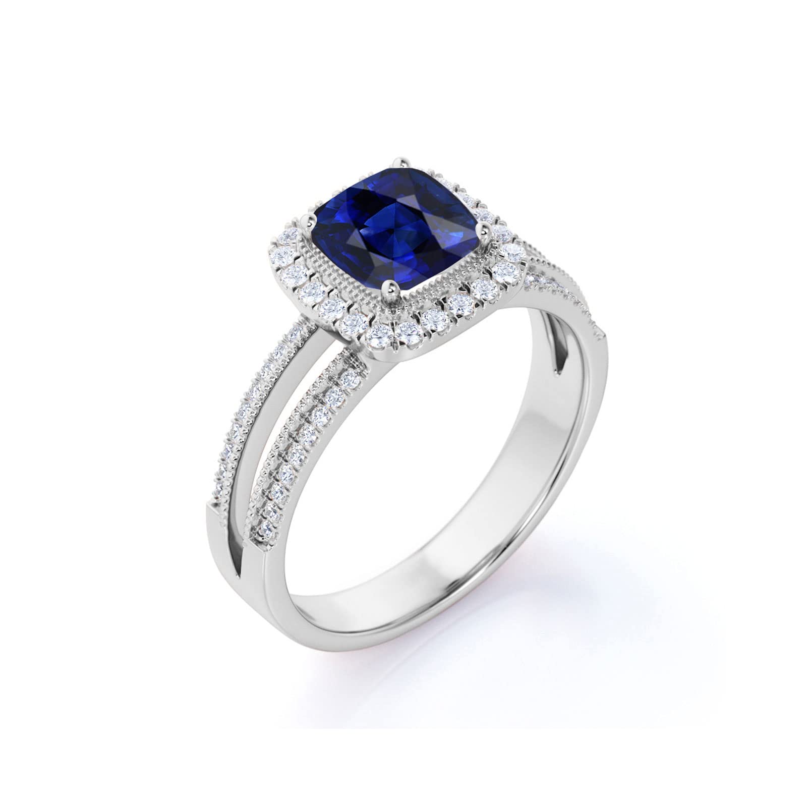 CTIEIP 10K/14K/18K Gold Diamond & Cushion Cut Blue Created Sapphire Engagement Ring for Women Jewelry Gift for Her (1.3 Cttw, G-H Color, I2-I3 Clarity)