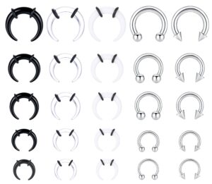 sanfenly 25pcs 14g-6g septum pincher tapers horseshoe septum rings acrylic& 316l stainless steel internally threaded spike ball circular barbell ear nose septum stretching kit for women men