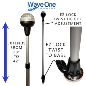 Wave One Marine | Adjustable Telescoping All-Around Anchor Light With Stainless Base | LED Boat Pole Aft Stern Navigation USCG 2NM | 12 Volt DC | 360 Night Nav Waterproof 28"-42"