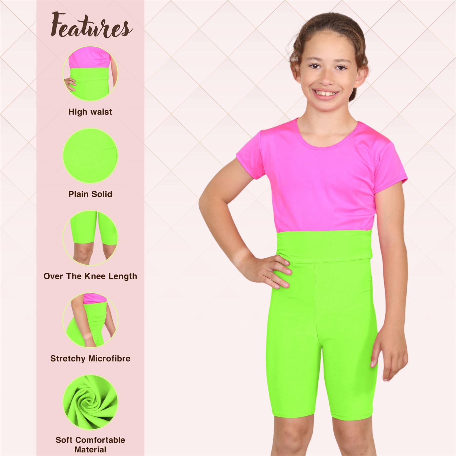 Janisramone Girls High Waisted Cycling Shorts Kids Plain Microfiber Gymnastics Dance Shorts Neon Green