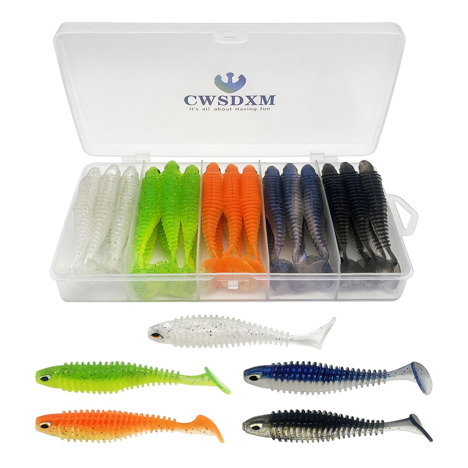 CWSDXM Soft Fishing Lures, 6.5cm/8cm Paddle Tail Swimbaits Soft Plastic Lures Kit for Bass Trout Walleye Crappie 30pcs/45pcs…