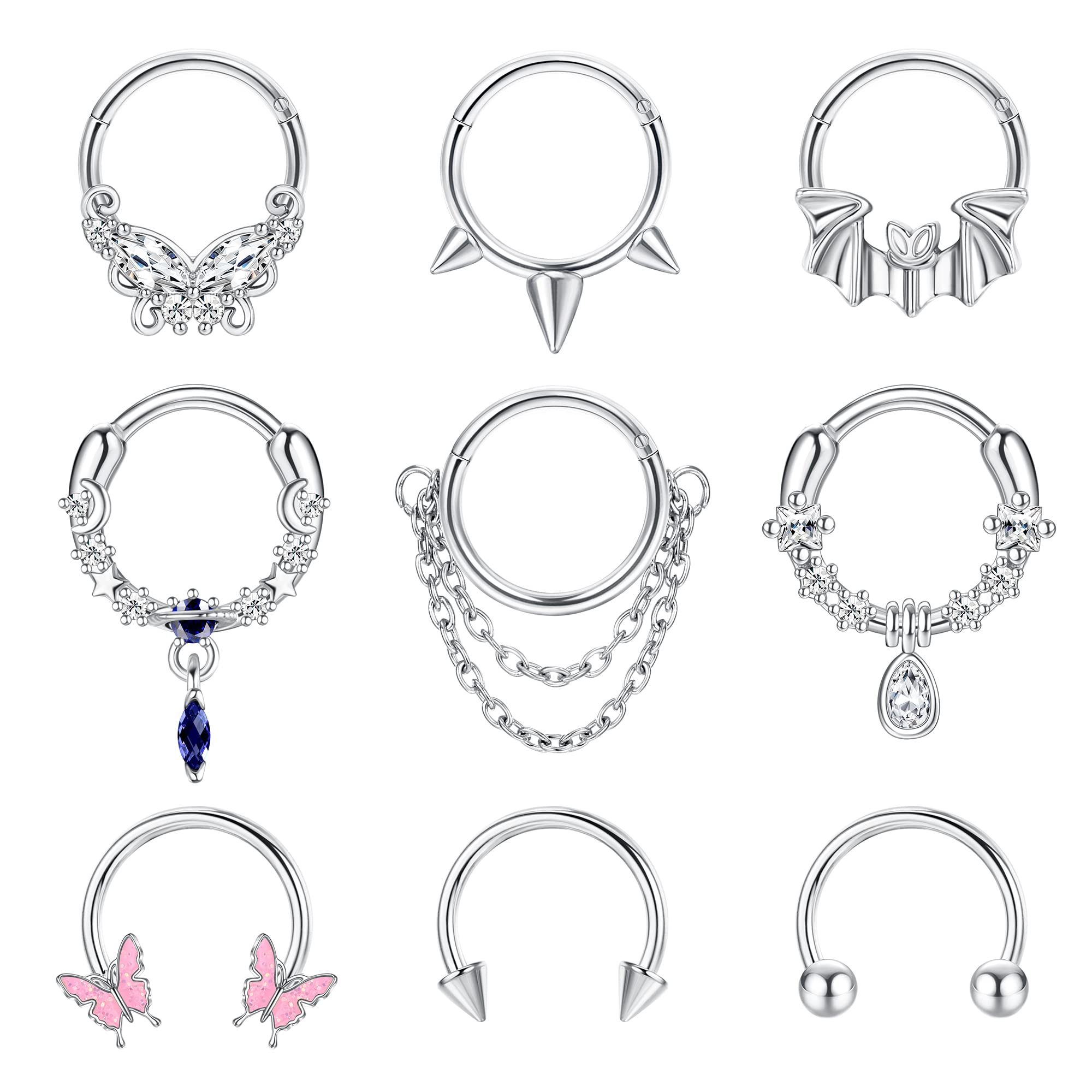 Sanfenly 9Pcs 16G Septum Rings for Women Men Stainless Steel Dangle Septum Jewelry Blue Planet Teardrop CZ Butterfly Bat Spiked Daith Earrings Hoop Nose Rings Cartilage Helix Septum Piercing Jewelry