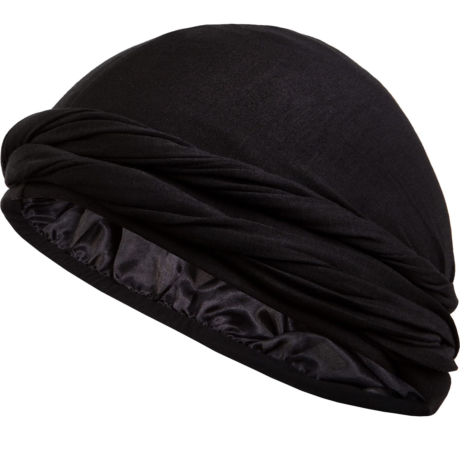 CAPLORD Silk Satin Lined Halo Turban Head Wrap Pre-Tied Skull Cap for Men and Women Sleeping Bonnet Hair Cover Chemo Hair Loss Hat Black