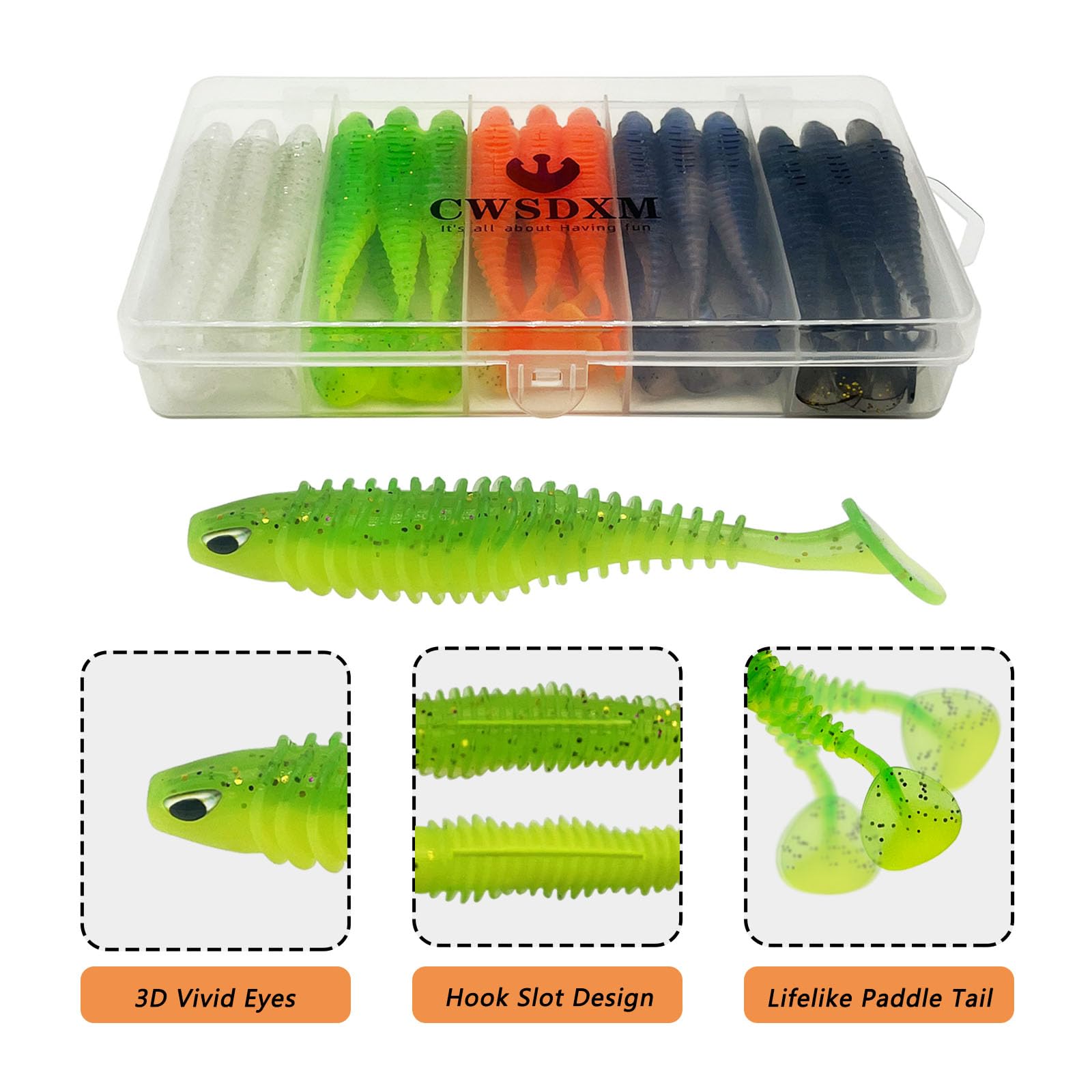 CWSDXM Soft Fishing Lures, 6.5cm/8cm Paddle Tail Swimbaits Soft Plastic Lures Kit for Bass Trout Walleye Crappie 30pcs/45pcs…