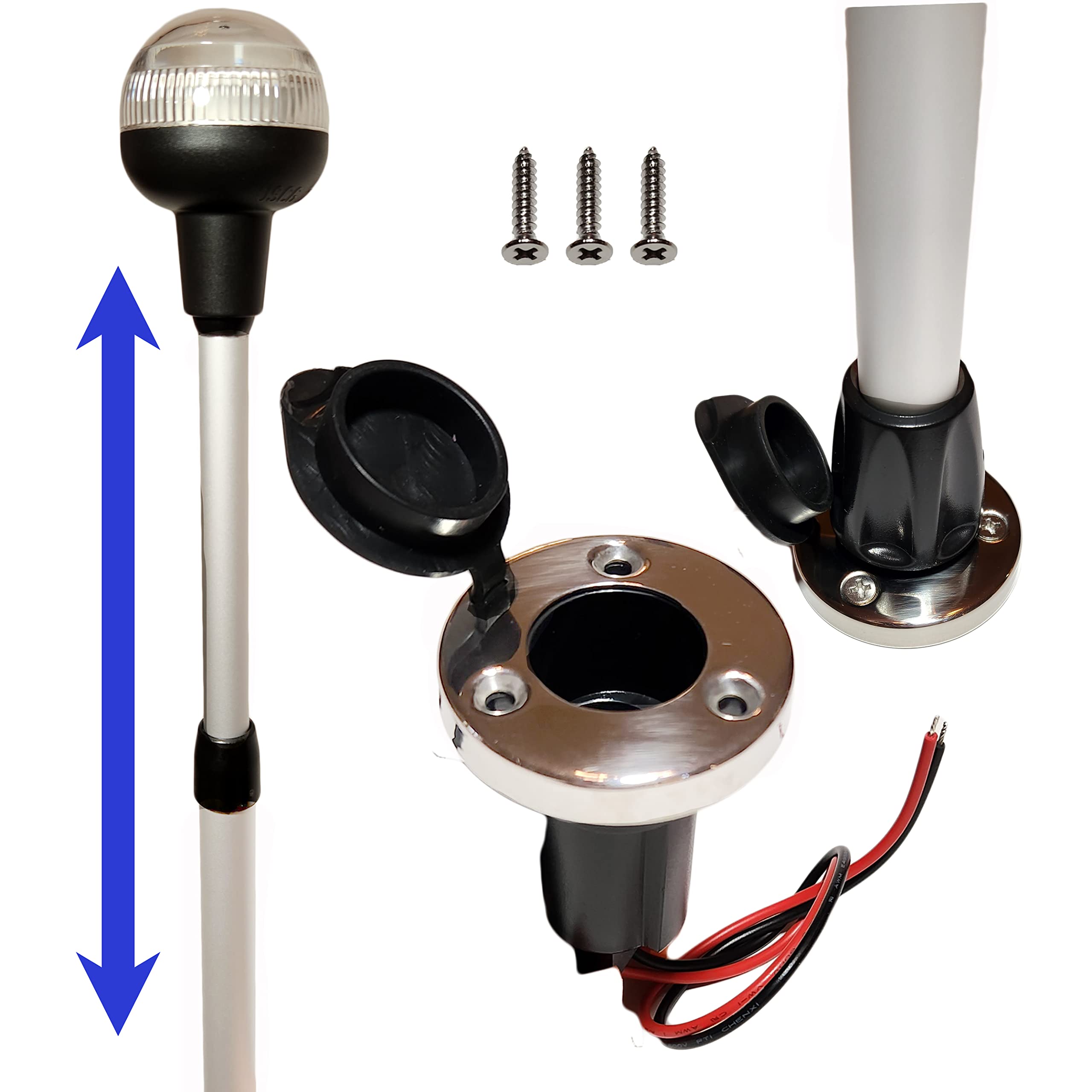 Wave One Marine | Adjustable Telescoping All-Around Anchor Light With Stainless Base | LED Boat Pole Aft Stern Navigation USCG 2NM | 12 Volt DC | 360 Night Nav Waterproof 28"-42"