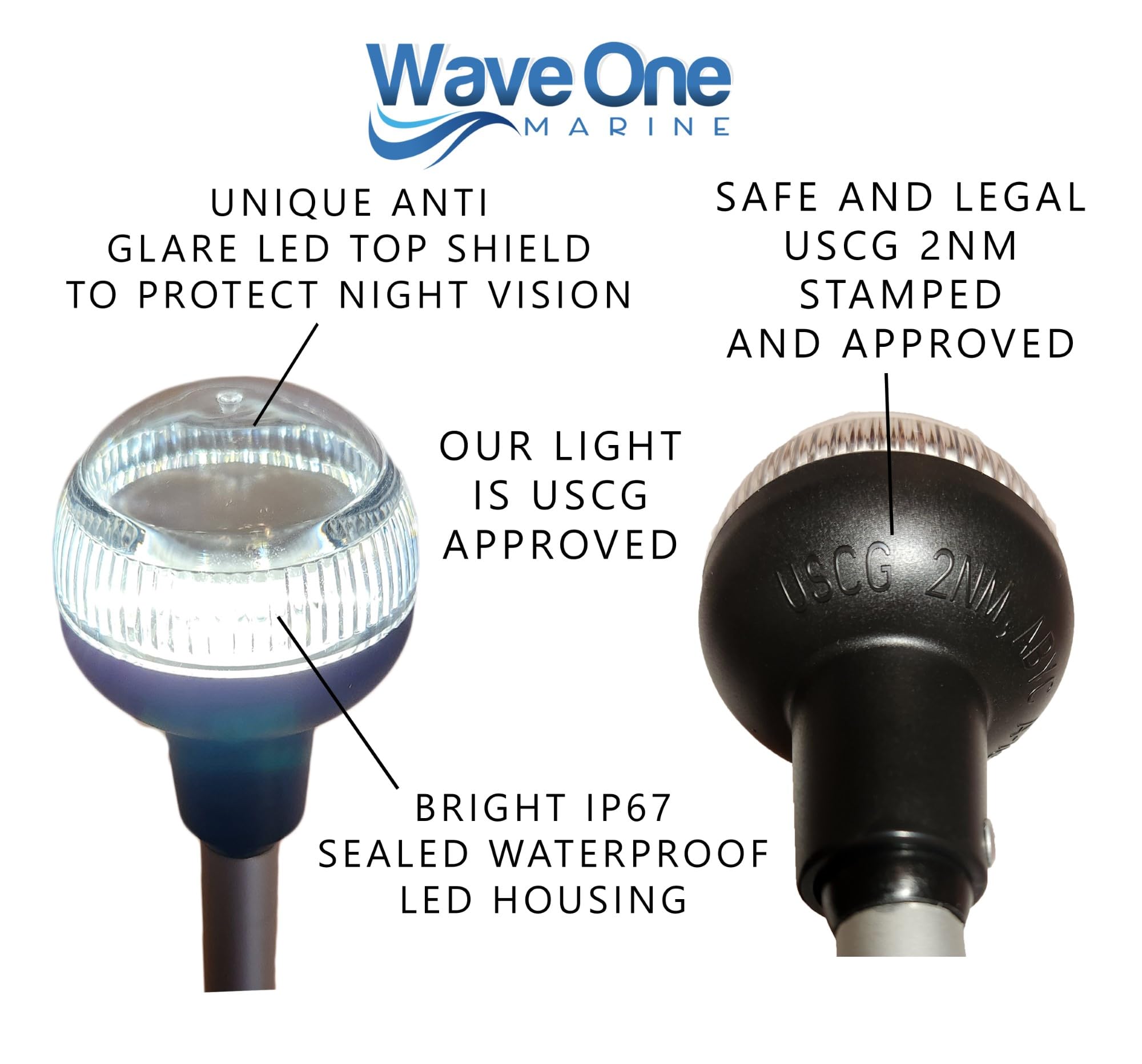 Wave One Marine | Adjustable Telescoping All-Around Anchor Light With Stainless Base | LED Boat Pole Aft Stern Navigation USCG 2NM | 12 Volt DC | 360 Night Nav Waterproof 28"-42"