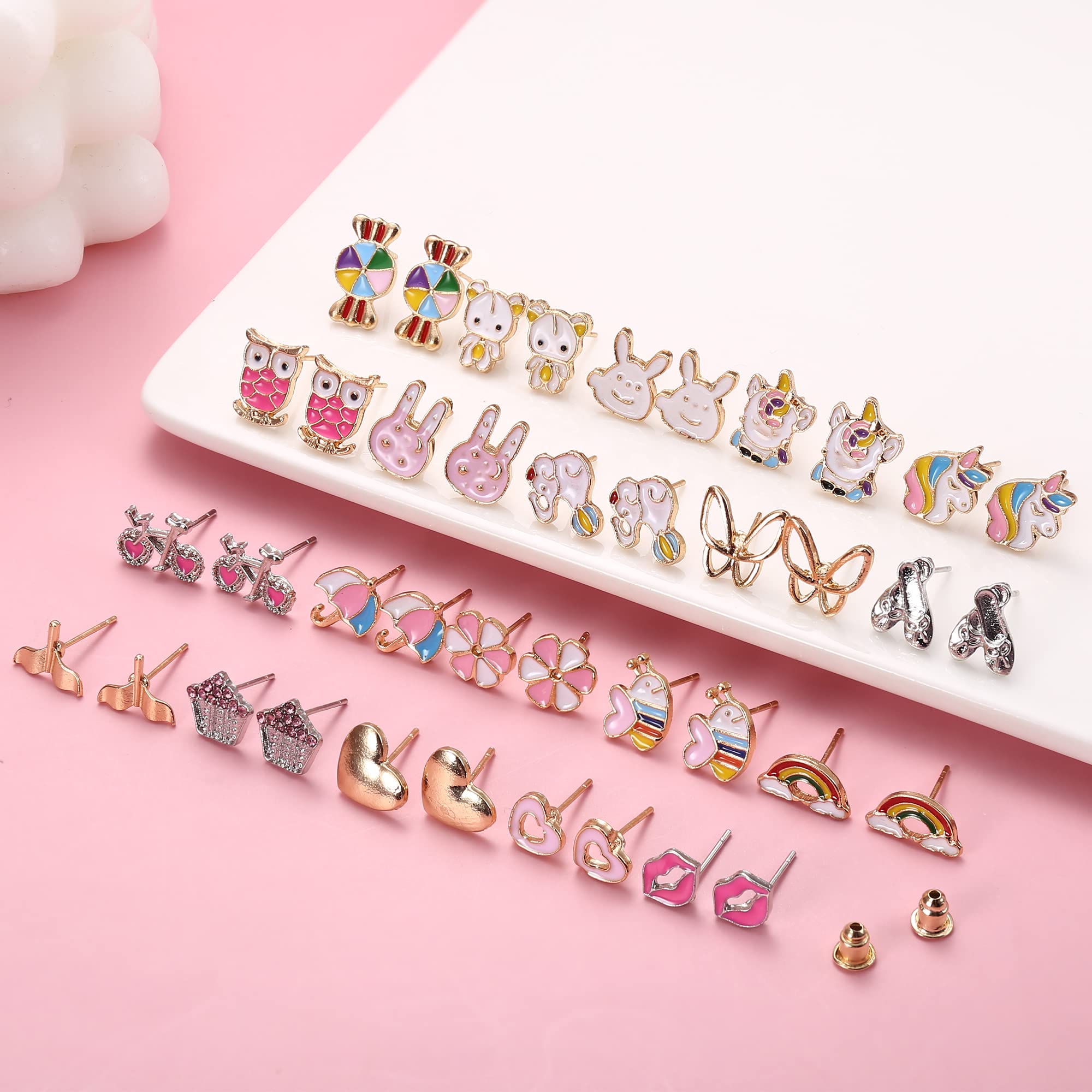 BESTEEL 63 Pairs Cute Stud Earrings for Women Sensitive Ears Studs Set With Stainless Steel Post Candy Flower Heart Animal Earrings in Vivid Colors and Multi-styles