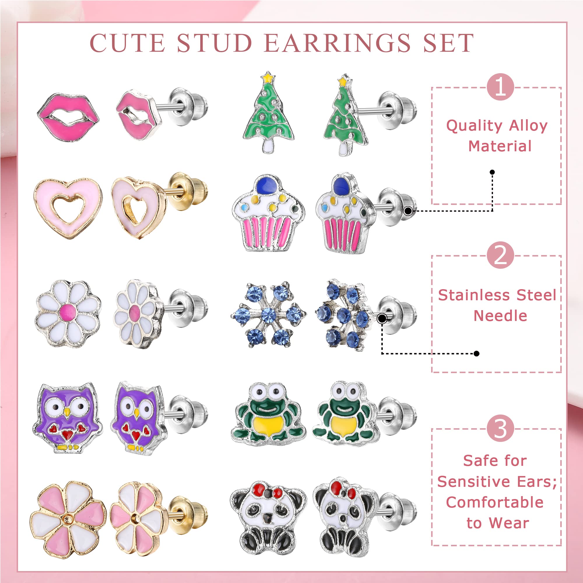 BESTEEL 63 Pairs Cute Stud Earrings for Women Sensitive Ears Studs Set With Stainless Steel Post Candy Flower Heart Animal Earrings in Vivid Colors and Multi-styles