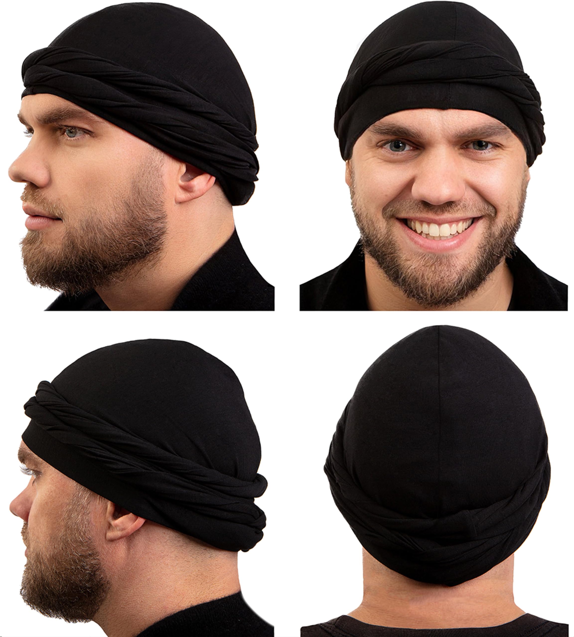 CAPLORD Silk Satin Lined Halo Turban Head Wrap Pre-Tied Skull Cap for Men and Women Sleeping Bonnet Hair Cover Chemo Hair Loss Hat Black