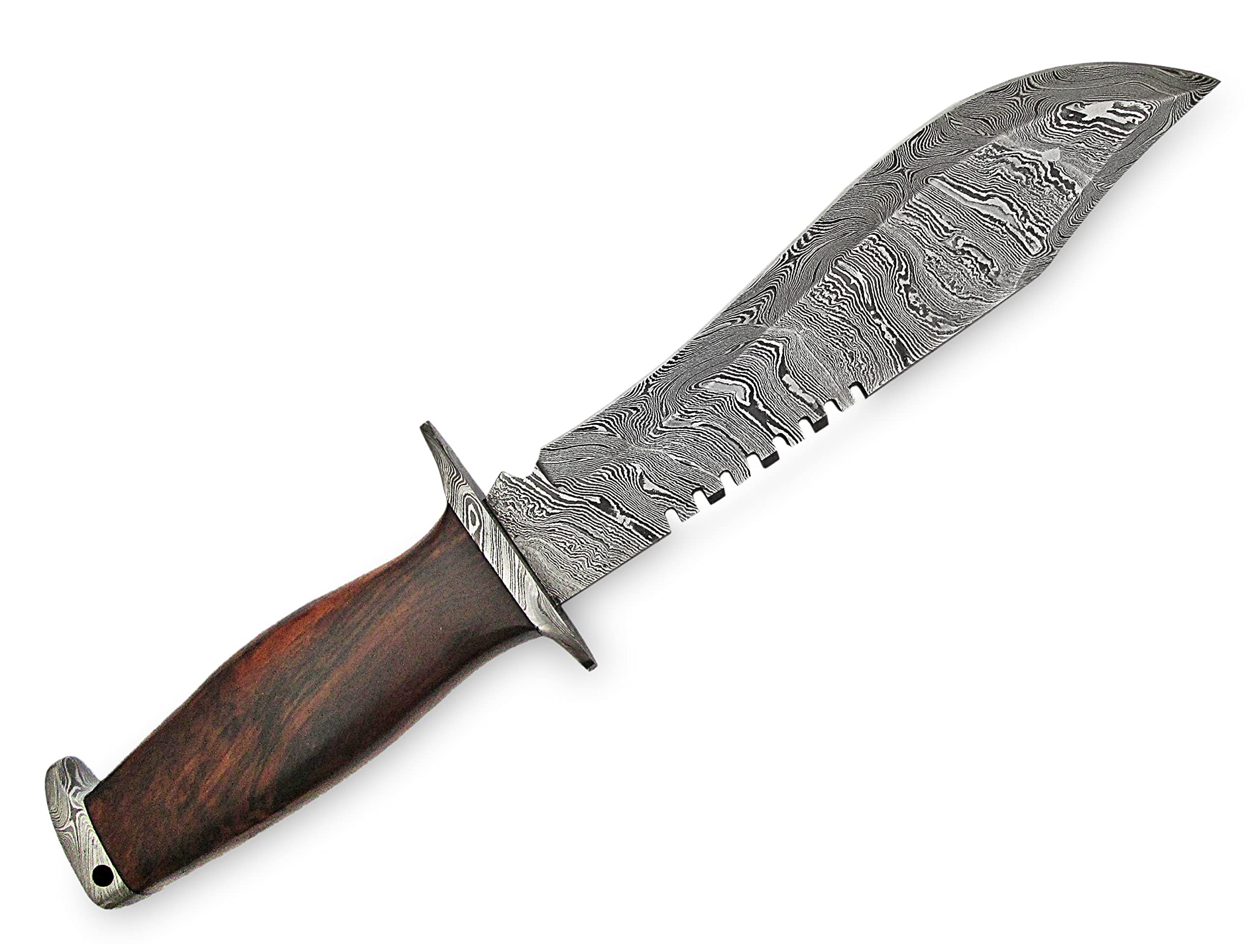 SFG - 13" Fixed Blade Hunting Bowie Knife, Damascus Steel Blade, Non-Slip Walnut Wood Handle, Lanyard Hole, Hunting, Camping, Backpacking, Fishing, Unique Gift Item For Him