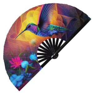 hummingbird neon hand fan foldable bamboo circuit rave hand fans rainbow galaxy party gear gifts music festival rave accessories (style 9)