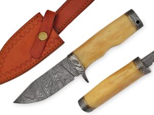 sfg - 9" fixed blade hunting bowie knife, damascus steel blade, non-slip buffalo bone handle, hunting, camping, backpacking, fishing, christmas gift item for men