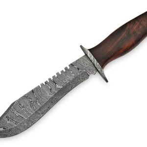 SFG - 13" Fixed Blade Hunting Bowie Knife, Damascus Steel Blade, Non-Slip Walnut Wood Handle, Lanyard Hole, Hunting, Camping, Backpacking, Fishing, Unique Gift Item For Him