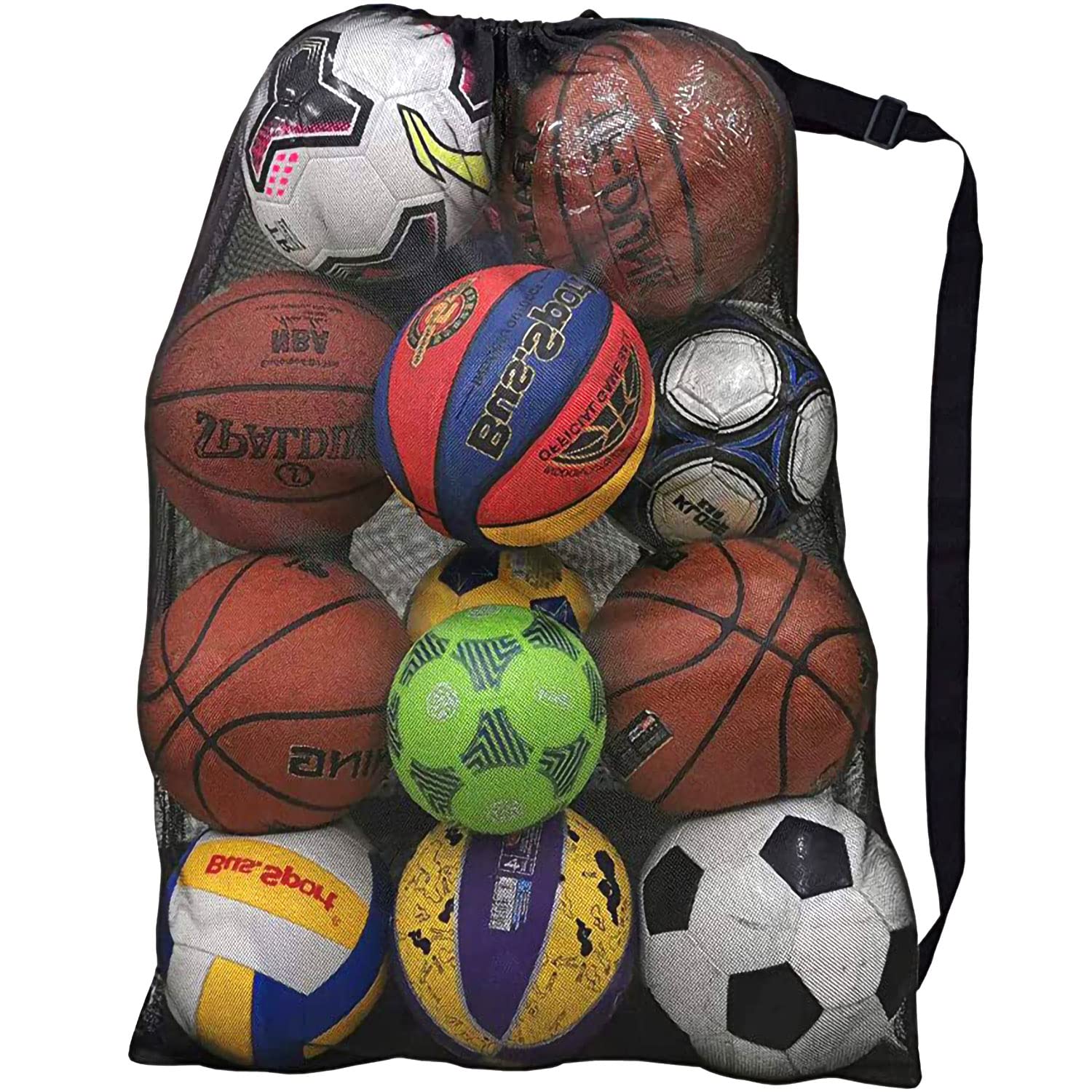 Heavy Duty Sports Ball Bag,Drawstring Mesh Ball Bags Extra Large Soccer Ball Bag Work for Coach, Basketball,Football, Volleyball,BaseBall and Swimming Gears with Adjustable Strap (Black)