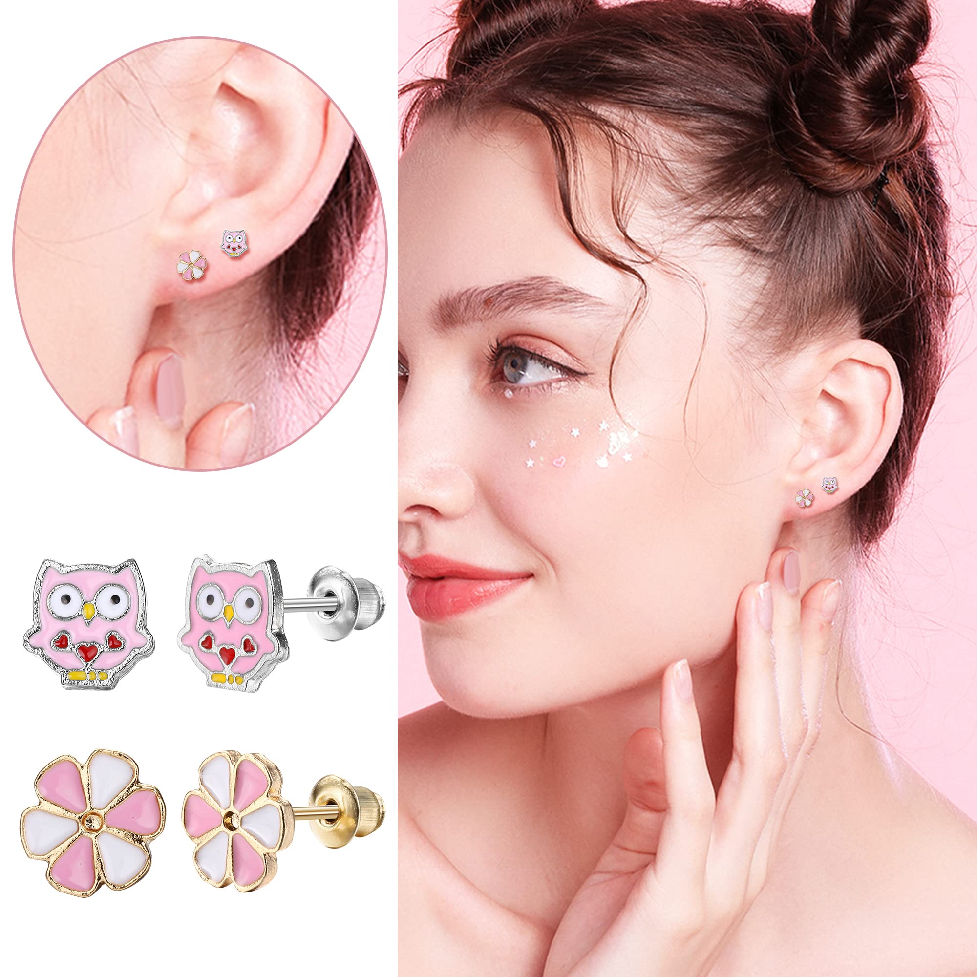 BESTEEL 63 Pairs Cute Stud Earrings for Women Sensitive Ears Studs Set With Stainless Steel Post Candy Flower Heart Animal Earrings in Vivid Colors and Multi-styles