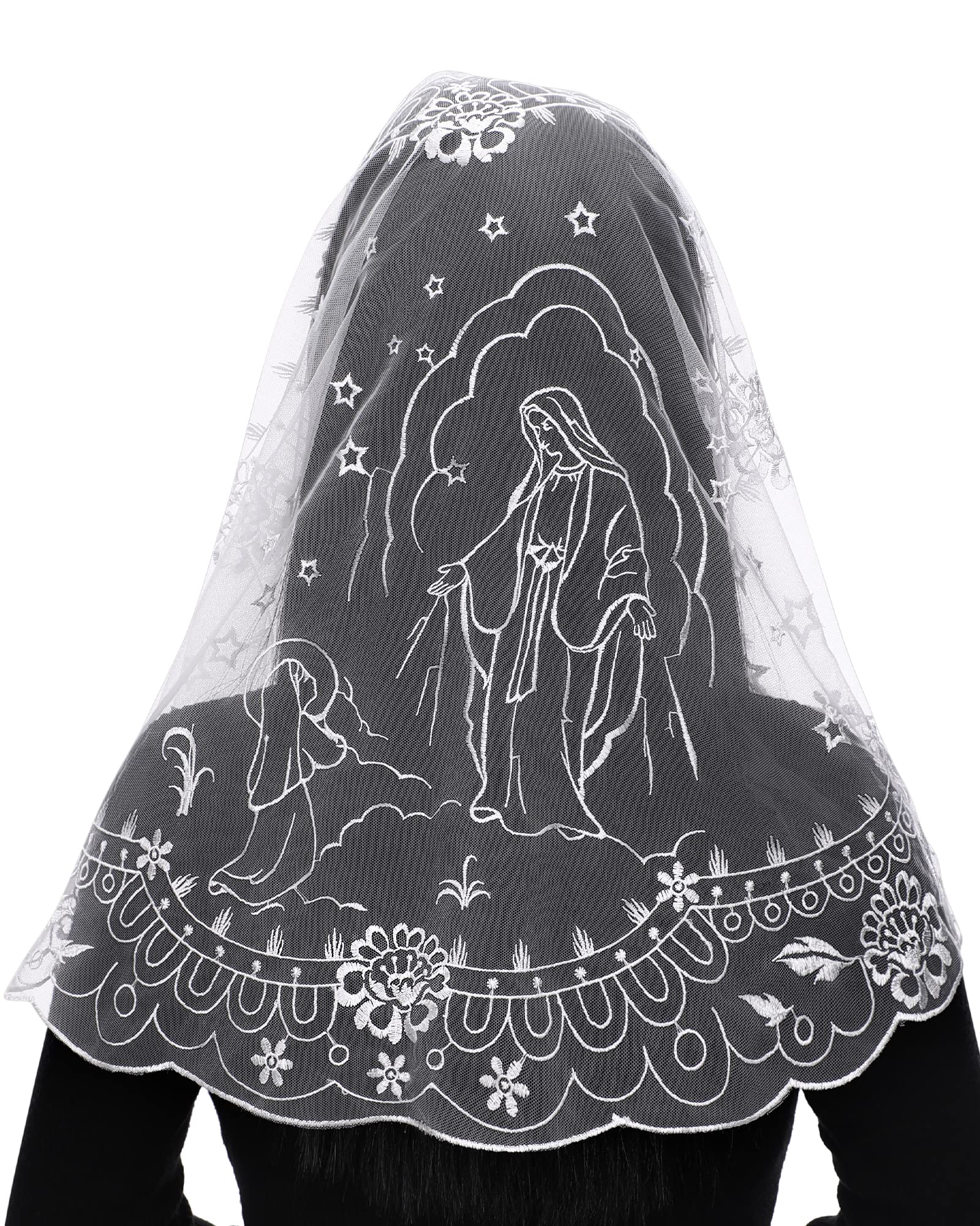 Bozidol Catholic Mantilla Chapel Veil Spanish Religious Prayer Veil Lace Church Head Covering with Hair Clips (White)