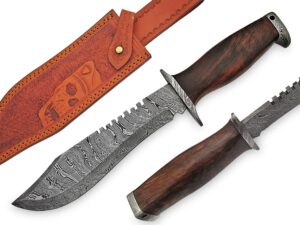 sfg - 13" fixed blade hunting bowie knife, damascus steel blade, non-slip walnut wood handle, lanyard hole, hunting, camping, backpacking, fishing, unique gift item for him