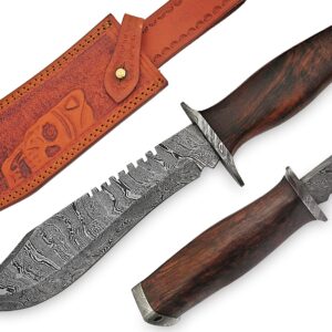 SFG - 13" Fixed Blade Hunting Bowie Knife, Damascus Steel Blade, Non-Slip Walnut Wood Handle, Lanyard Hole, Hunting, Camping, Backpacking, Fishing, Unique Gift Item For Him