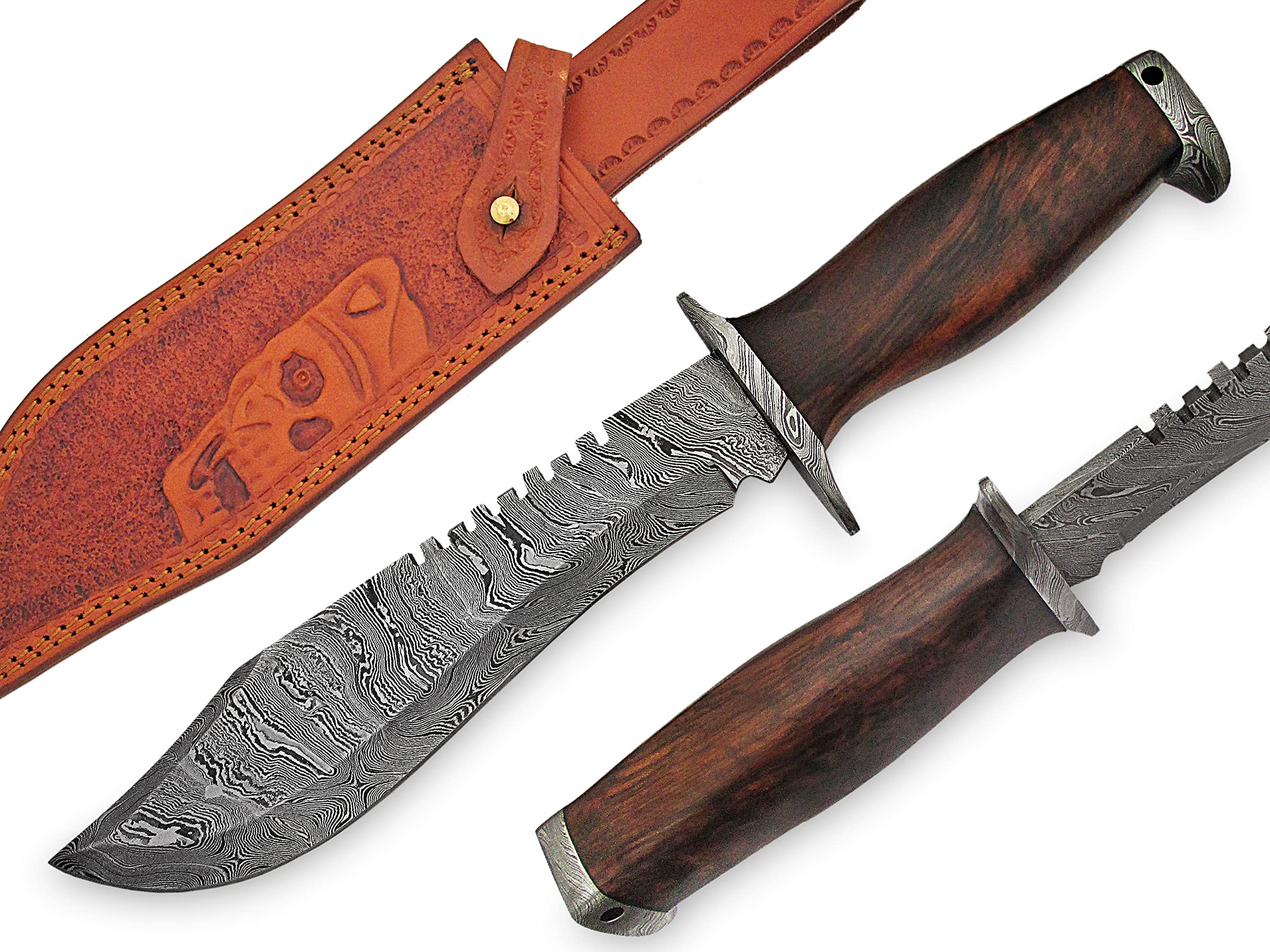 SFG - 13" Fixed Blade Hunting Bowie Knife, Damascus Steel Blade, Non-Slip Walnut Wood Handle, Lanyard Hole, Hunting, Camping, Backpacking, Fishing, Unique Gift Item For Him