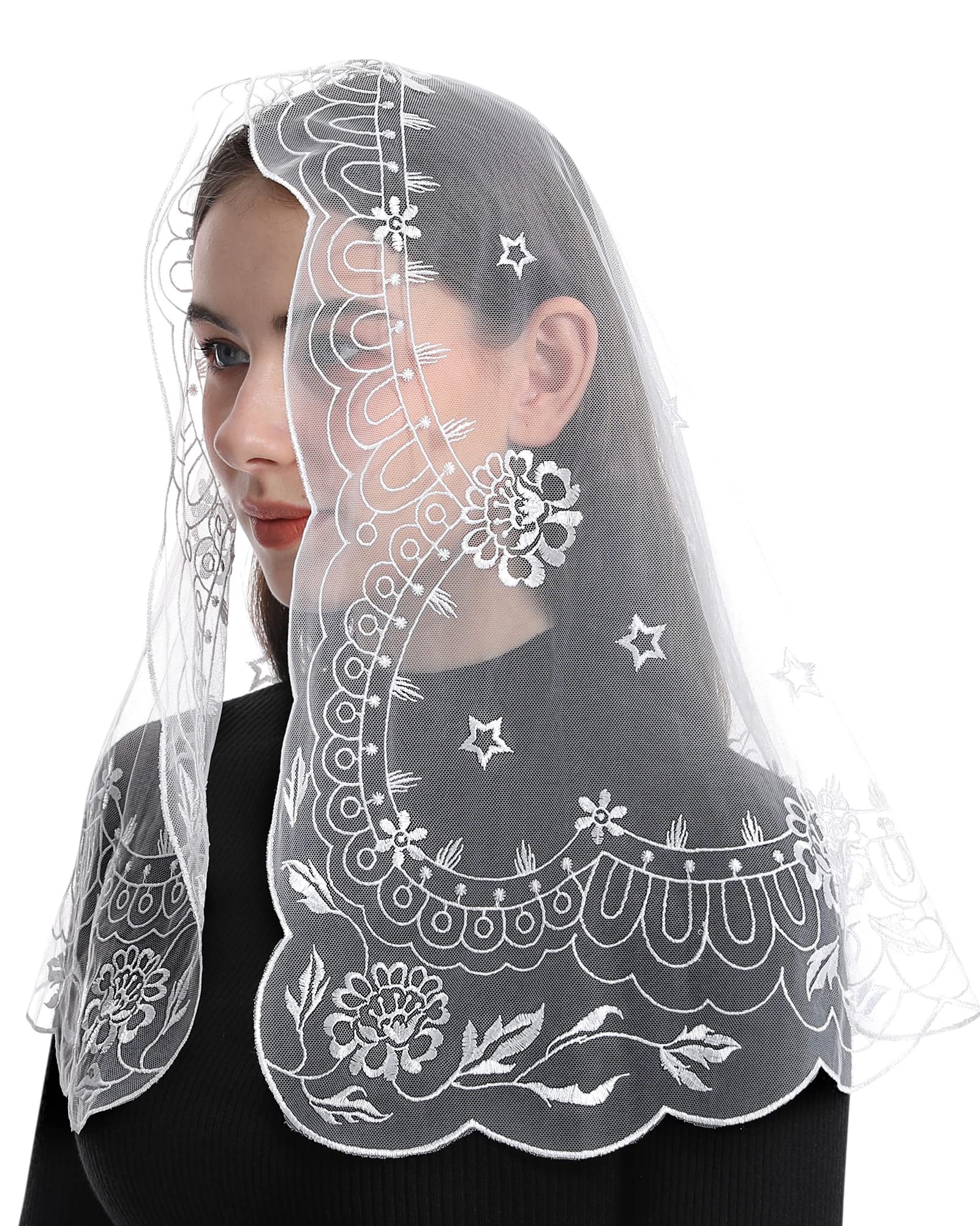 Bozidol Catholic Mantilla Chapel Veil Spanish Religious Prayer Veil Lace Church Head Covering with Hair Clips (White)