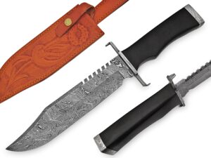 sfg - 14" fixed blade hunting bowie knife, damascus steel blade, non-slip black micarta handle, hunting, camping, backpacking, fishing, unique gift item for him