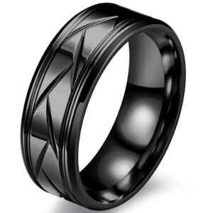 8mm stainless steel matte brushed black grooved classic plain wedding band ring (black, 12)