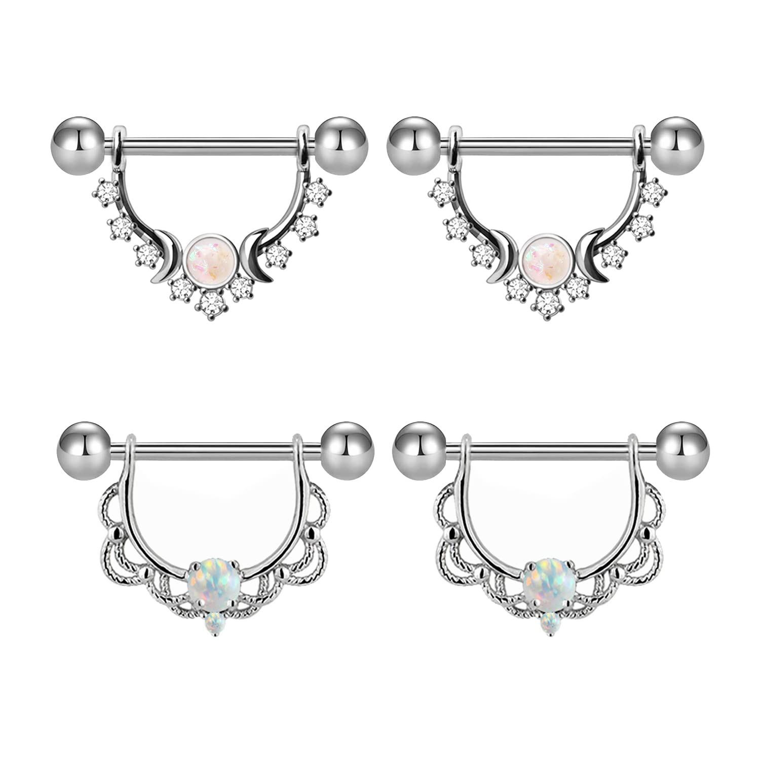 FLOGWE 14G 316L Opal Stars Moon Dangle Nipple Rings, Surgical Stainless Steel CZ Nipple Barbells Piercing Barbell for Women