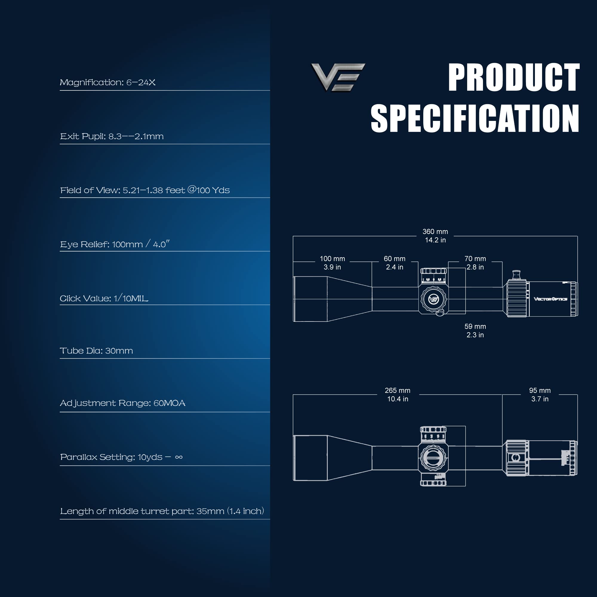 Vector Optics Marksman 6-24x50 FFP 1/10 MIL 30mm Monotube Riflescope 85-87% Light Transmission Edge-to-Edge Image Etched Glass VPA-MF Reticle for Hunting Shooting