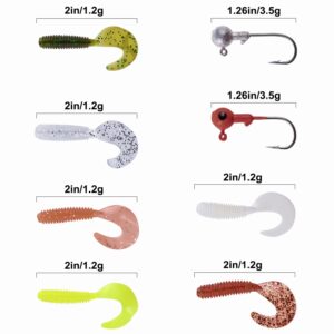 FANGBLUE 40PCS 1/8oz Jig Head Hook 2inch Curved Tail Soft Lures Artificial Silicone Bait Worm Soft Fishing Lure Tackle Kit for Bass Trout Fishing (40pcs Curved Tail Soft Lure)