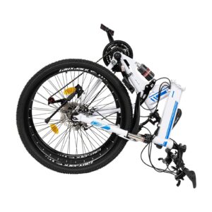 bjtdllx 26" 21 speed mountain folding bike, women mens carbon steel mountain bike full suspension double disc brakes foldable bicycle, 31.5-37.4in adjustable saddle height, blue & white