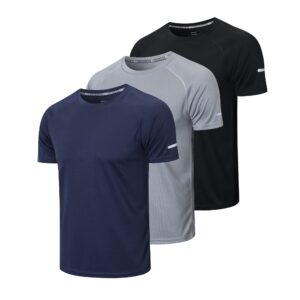 frueo men's 3 pack workout shirts dry fit moisture wicking short sleeve mesh athletic t-shirts,black gray navy, 4xl