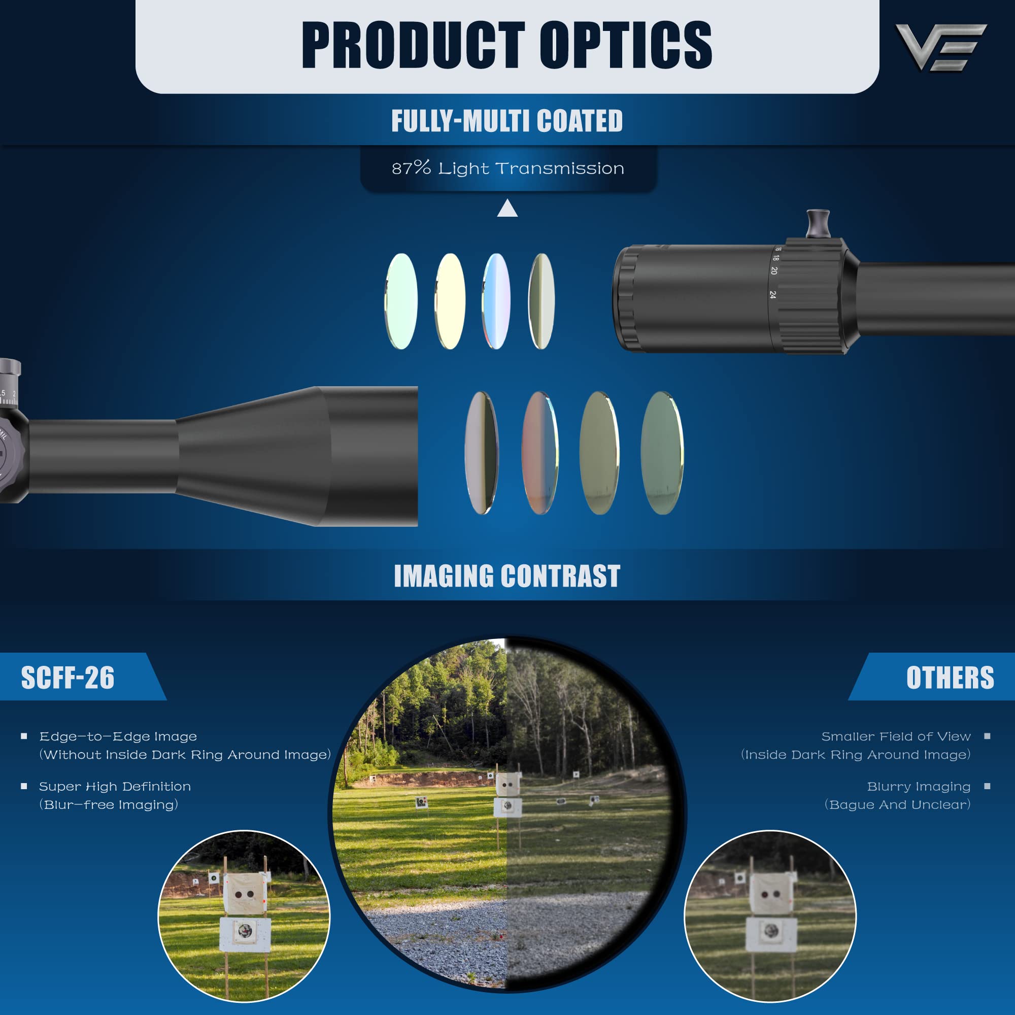 Vector Optics Marksman 6-24x50 FFP 1/10 MIL 30mm Monotube Riflescope 85-87% Light Transmission Edge-to-Edge Image Etched Glass VPA-MF Reticle for Hunting Shooting