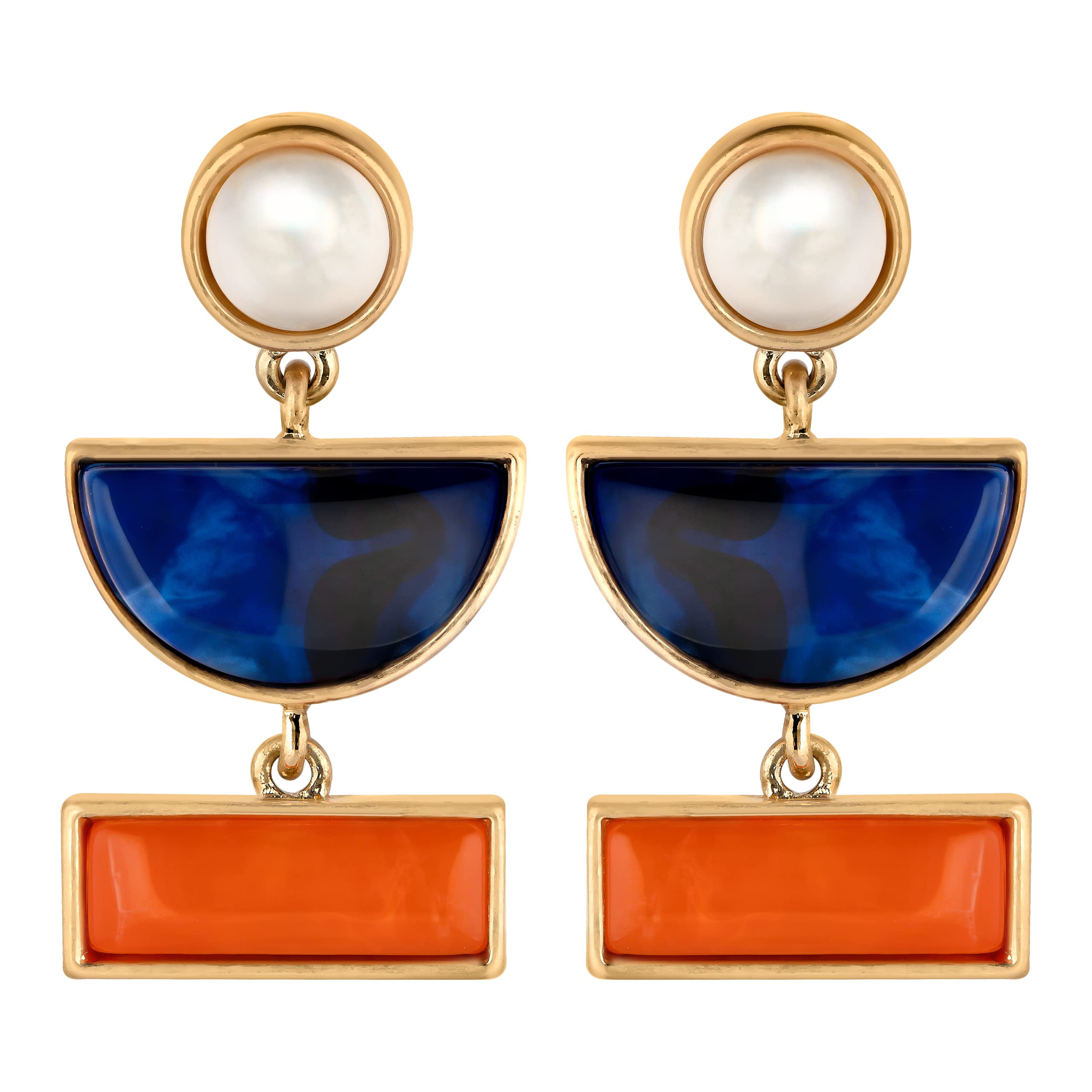 Geometric Earrings for Women, Blue Enamel Half-Circle and Orange Square Earrings with Pearl Stud - Modern Chic Statement Earrings