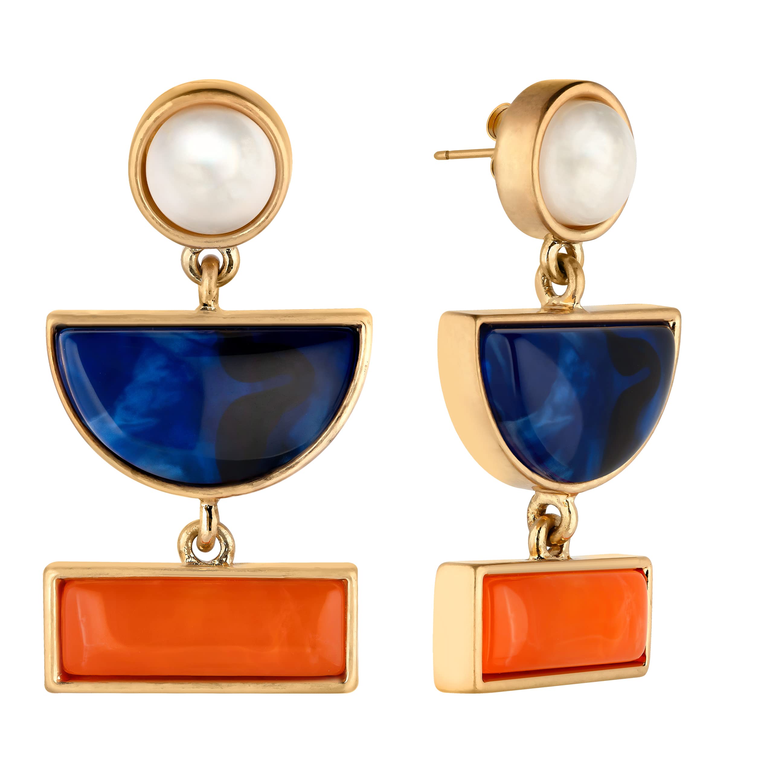 Geometric Earrings for Women, Blue Enamel Half-Circle and Orange Square Earrings with Pearl Stud - Modern Chic Statement Earrings