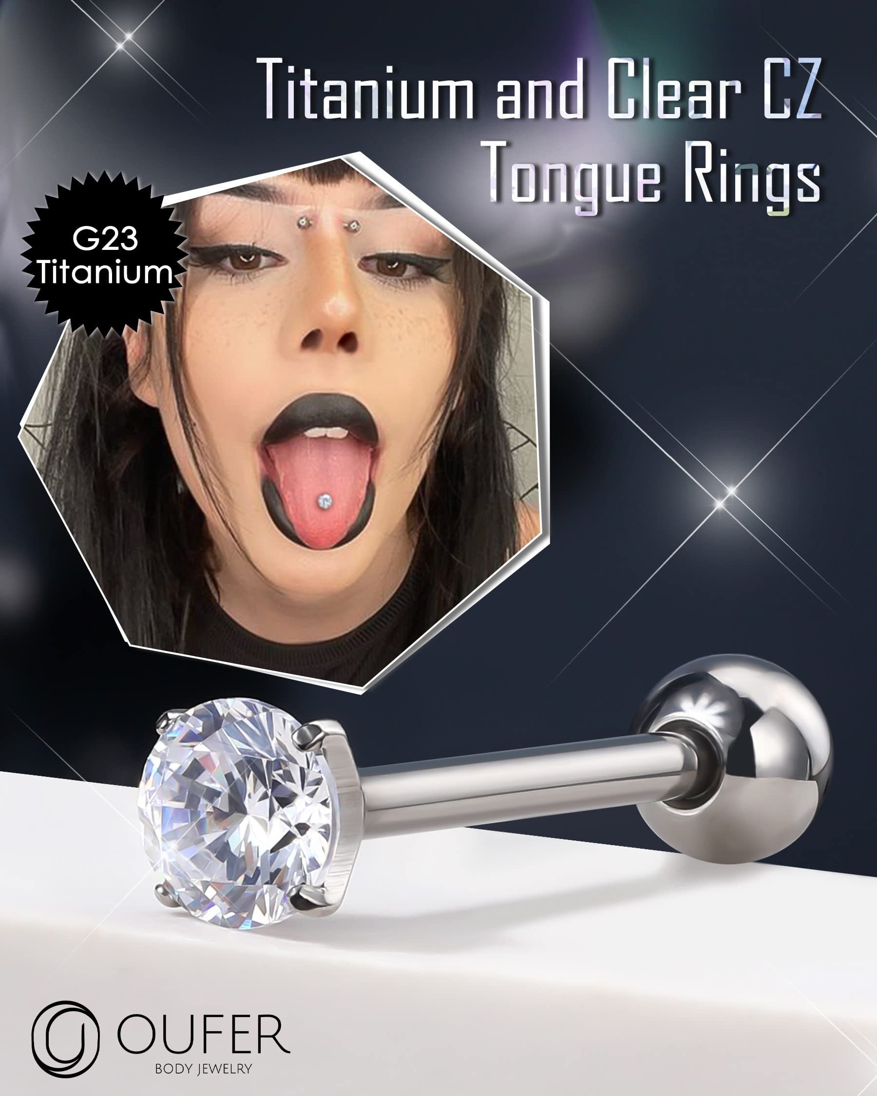 OUFER 14G Tongue Rings, Shiny Clear CZ Tongue Barbells, G23 Solid Titanium Tongue Piercing Jewelry, Nickel-free Tongue Ring for Women Men