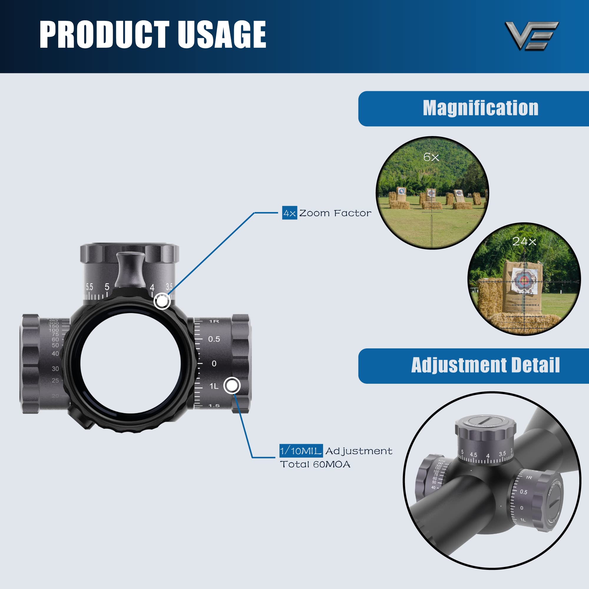 Vector Optics Marksman 6-24x50 FFP 1/10 MIL 30mm Monotube Riflescope 85-87% Light Transmission Edge-to-Edge Image Etched Glass VPA-MF Reticle for Hunting Shooting