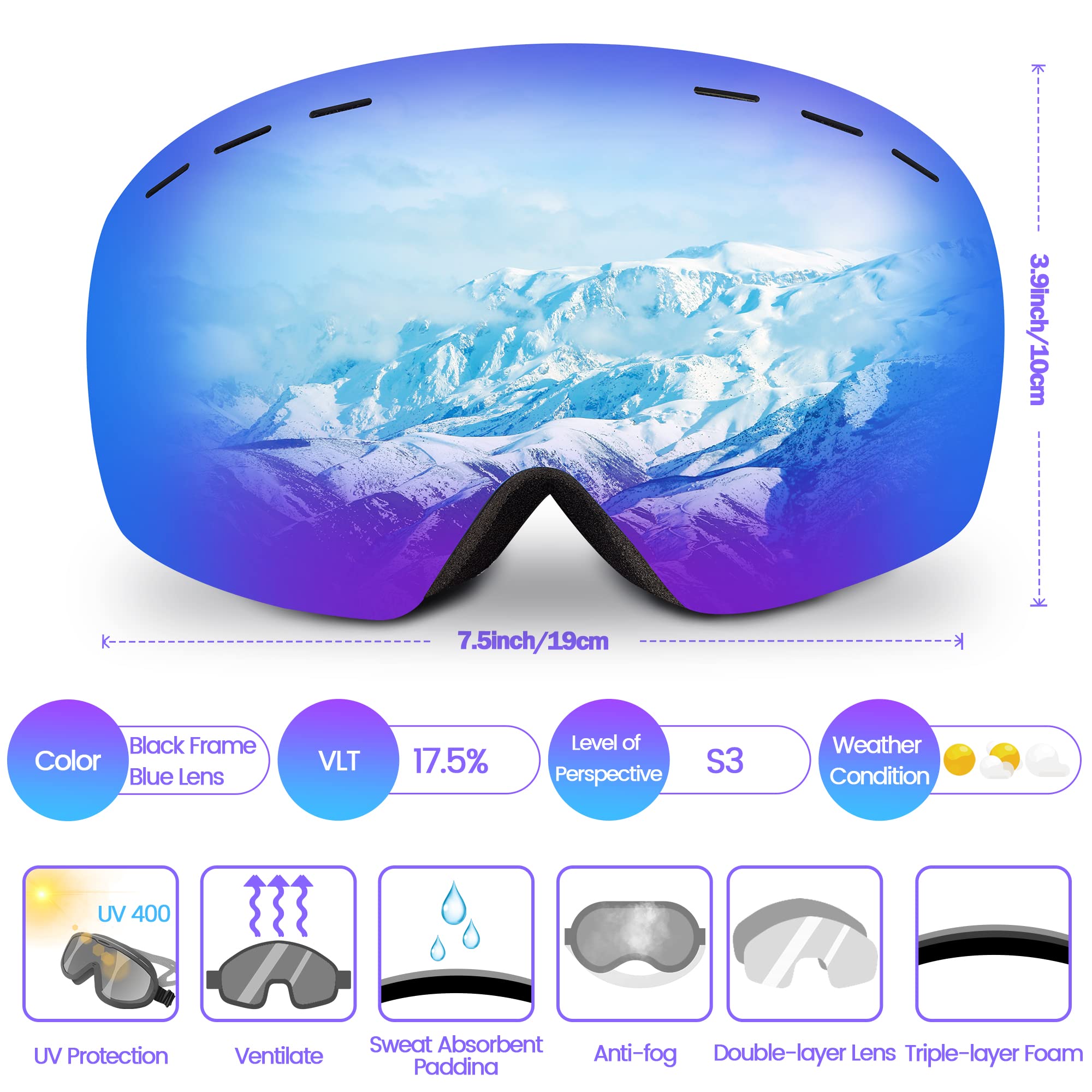 SHUOLIYAN Ski Goggles - With Ski Mask, Anti-Fog Snow Goggles, UV Protection OTG Snowboard Goggles For Men Women （Purple Lens）