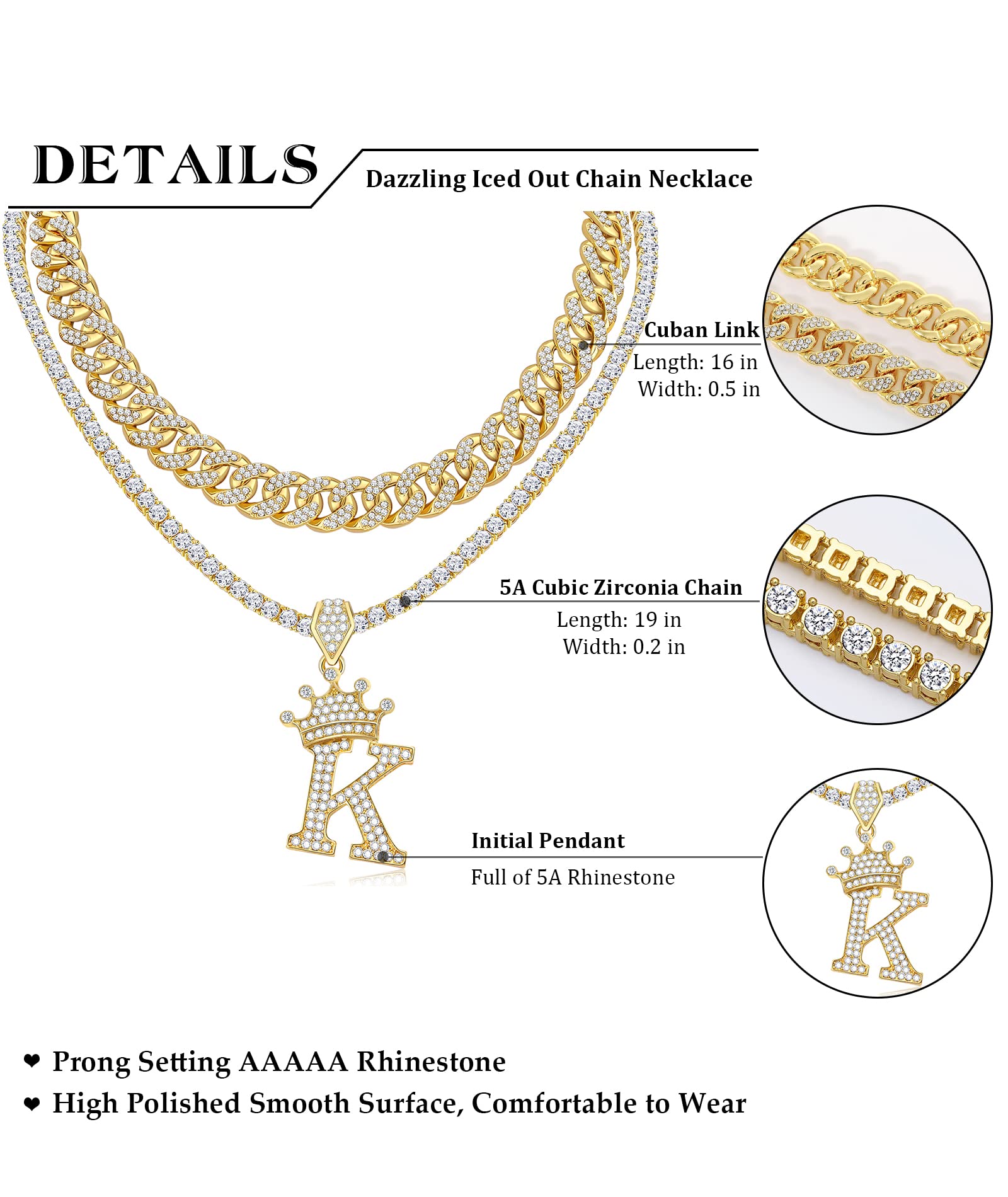 WFYOU Cuban Link Chain for Women Crown Gold Initial Pendant Necklace 18K Gold Plated Alphabet Letter Pendant Choker Hip Hop Diamond Chain Custom Name Necklace Trendy Dainty Rapper Jewelry Gift