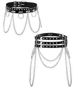 loremow 2 pcs leather waist chain belt for women punk layered waist belly chain goth body chain nightclub party body jewelry accessories