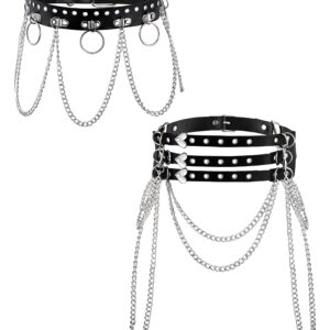 LOREMOW 2 Pcs Leather Waist Chain Belt for Women Punk Layered Waist Belly Chain Goth Body Chain Nightclub Party Body Jewelry Accessories