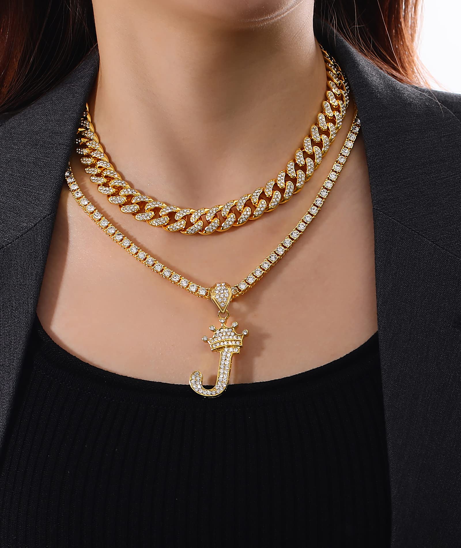 WFYOU Cuban Link Chain for Women Crown Gold Initial Pendant Necklace 18K Gold Plated Alphabet Letter Pendant Choker Hip Hop Diamond Chain Custom Name Necklace Trendy Dainty Rapper Jewelry Gift