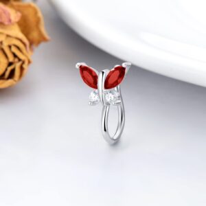 925 Sterling Silver Butterfly Nose Rings Cuff for Non Pierced Nose Clip On Nose Ring with Simulated Birthstone (Red)