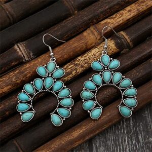 Bohemian Vintage Turquoise Oval Flower Ethnic Drop Dangle Earrings for Women Boho Exaggerated Retro Geometric Turquoise Teardrop Earrings Cowgirl Cowboy Jewelry Gift (D)