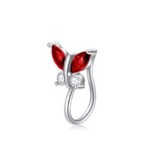 925 sterling silver butterfly nose rings cuff for non pierced nose clip on nose ring with simulated birthstone (red)